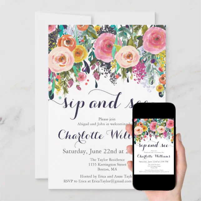 Colorful Flower Sip and See Invitations Cards | Zazzle
