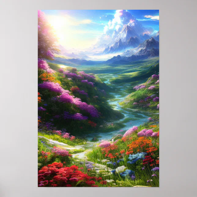 Colorful Flower Valley with Lazy Stream Poster | Zazzle