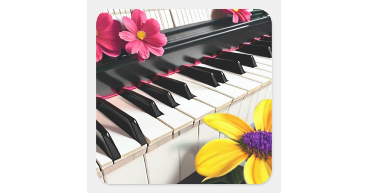 Colorful Flowers and Piano Keys Square Sticker | Zazzle