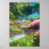 Colorful Flowers and Waterfall in a Green Valley Poster | Zazzle