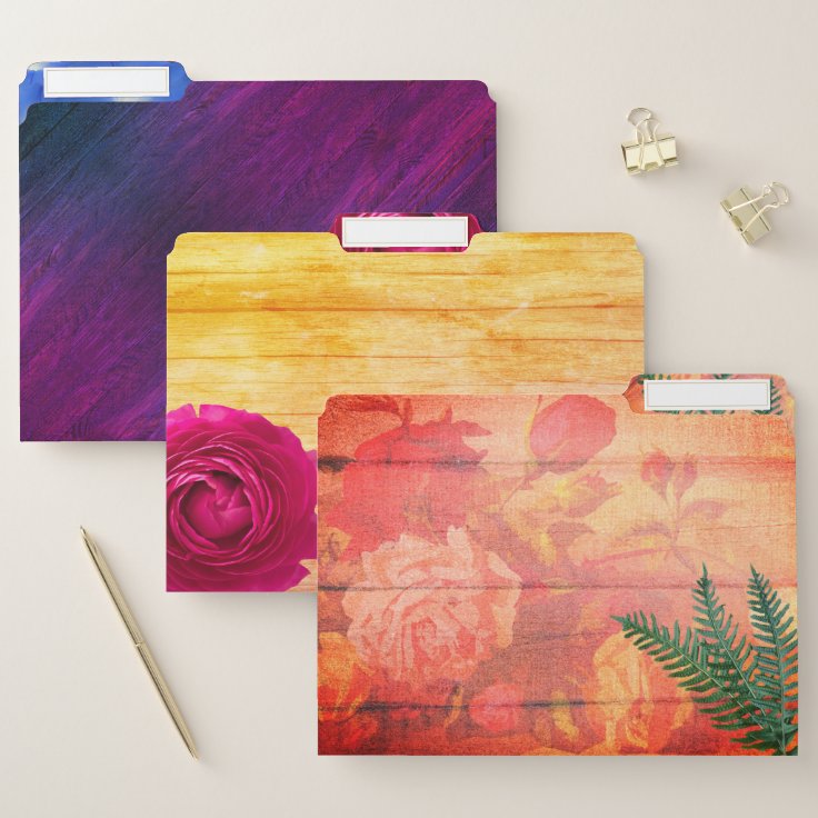 Colorful Flowers and Wood Decorated File Folders | Zazzle