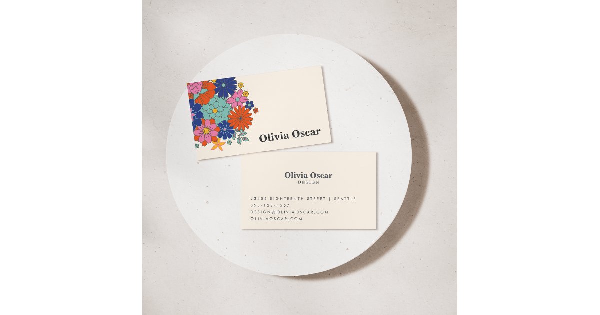 Colorful Flowers Boho Bright Retro Floral Art Business Card | Zazzle