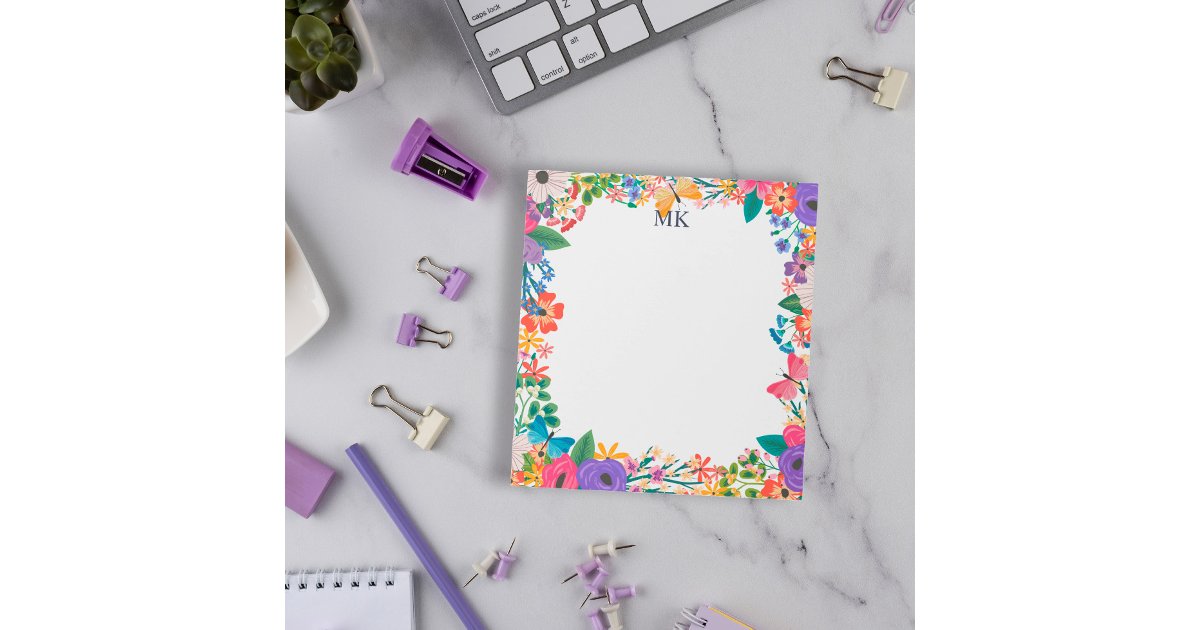 Colorful Flowers & Butterflies Monogrammed Notepad | Zazzle