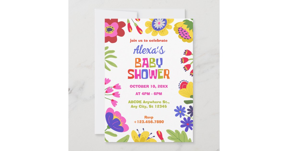 Colorful flowers fun baby shower invitation | Zazzle