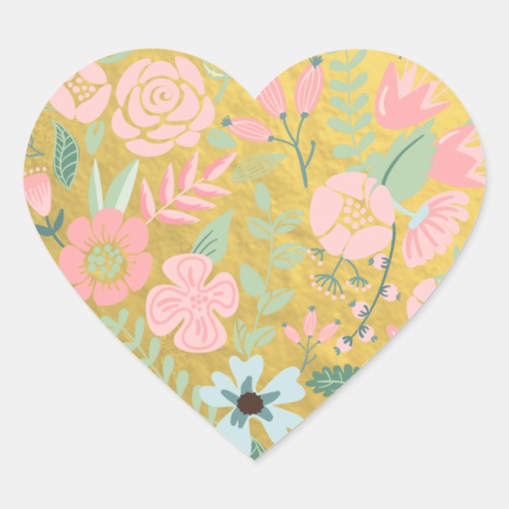 Colorful Flowers Gold Foil Heart Sticker | Zazzle