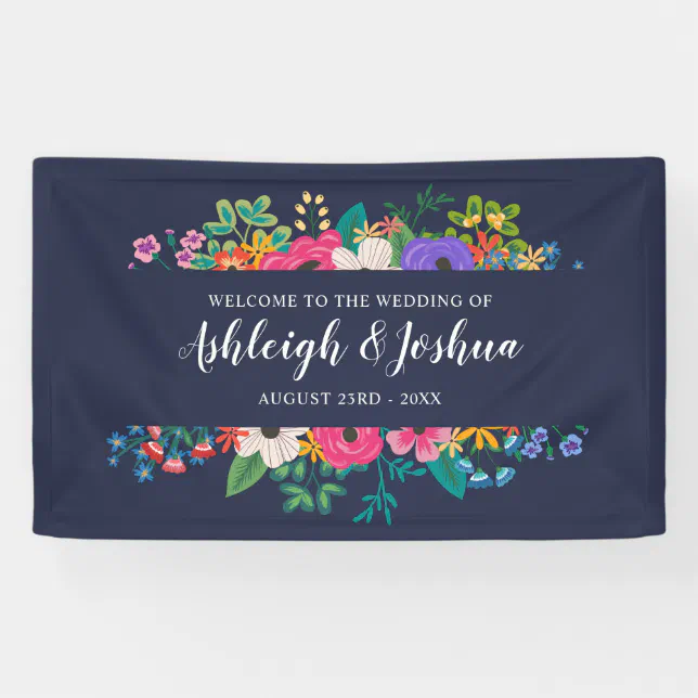 Colorful Flowers Navy Blue Wedding Welcome Banner | Zazzle