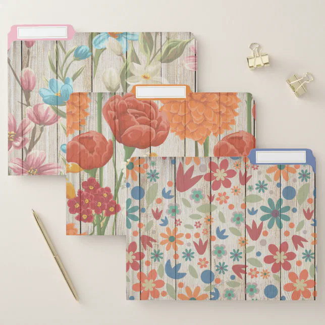 Colorful Flowers on Wood Look File Folder Set | Zazzle