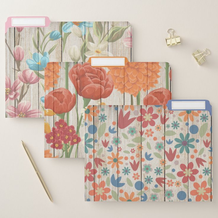 Colorful Flowers on Wood Look File Folder Set | Zazzle