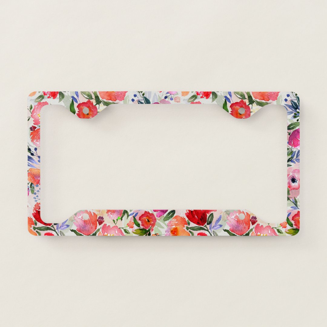 Colorful Flowers Watercolors Illustration Pattern License Plate Frame ...