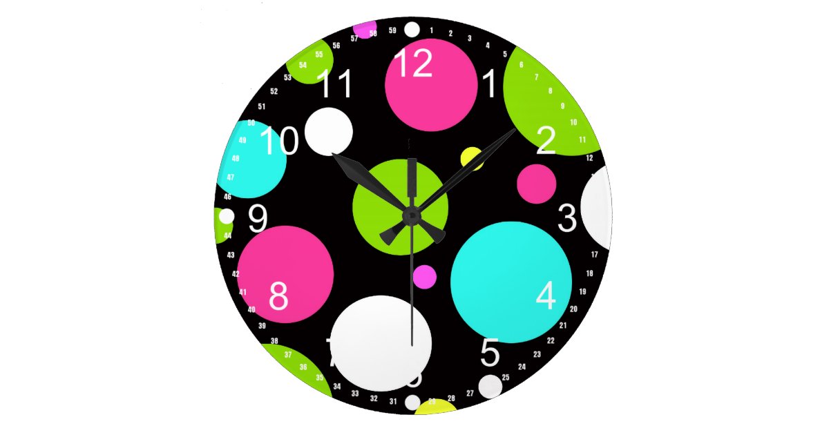 Colorful Fun Big Polka Dots on Black Large Clock | Zazzle.com