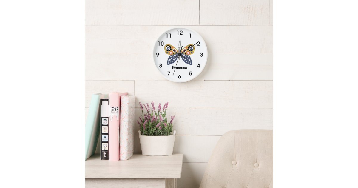 Colorful fun butterfly blue yellow dots stripe clock | Zazzle