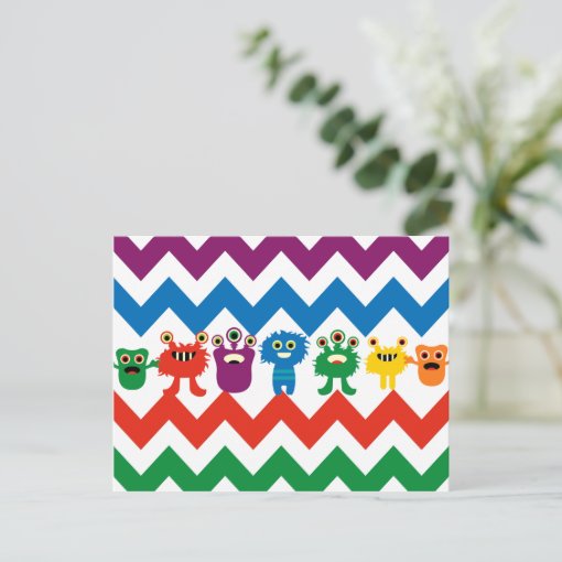 Colorful Fun Monsters Cute Chevron Striped Pattern Postcard | Zazzle