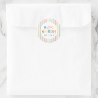 Colorful fun stripe happy birthday classic round sticker | Zazzle
