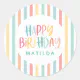 Colorful fun stripe happy birthday classic round sticker | Zazzle