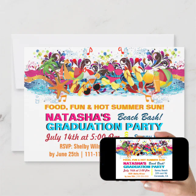 Colorful Fun Summer Beach Graduation Party Invitation | Zazzle