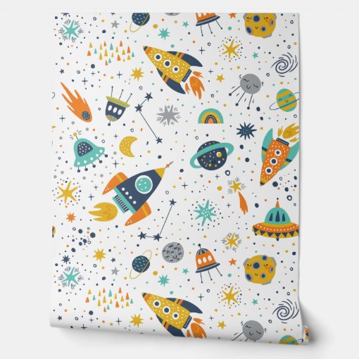 Colorful Galaxy Space Rockets Modern Kids Pattern Wallpaper | Zazzle