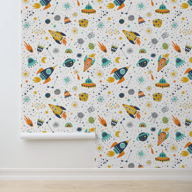 Colorful Galaxy Space Rockets Modern Kids Pattern Wallpaper | Zazzle