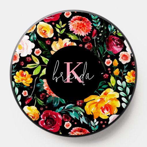 Colorful garden flowers pattern custom monograms PopSocket | Zazzle