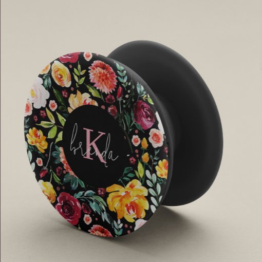 Colorful garden flowers pattern custom monograms PopSocket | Zazzle
