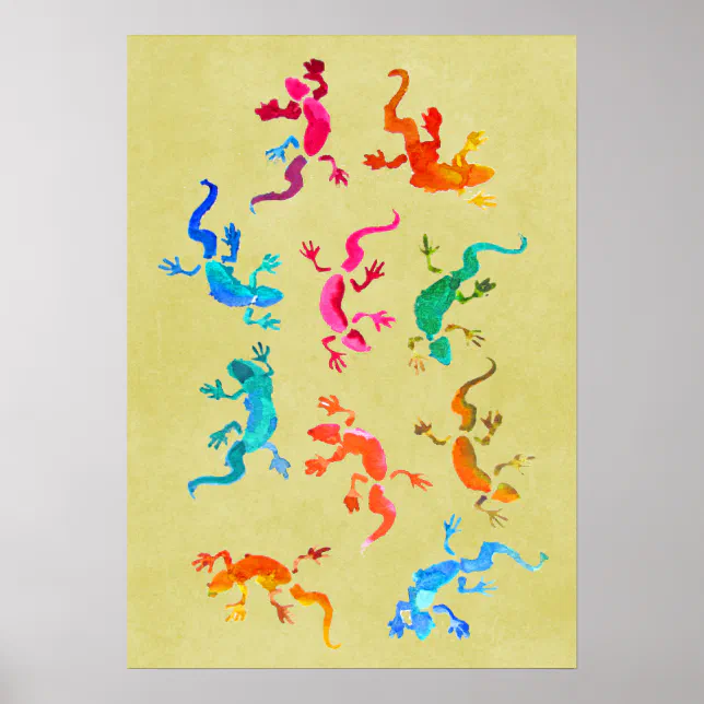 Colorful geckos watercolor illustration poster | Zazzle