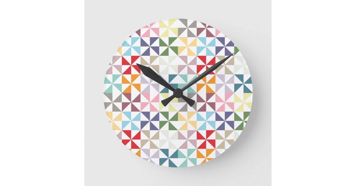 Colorful Geometric Pinwheel Round Clock | Zazzle