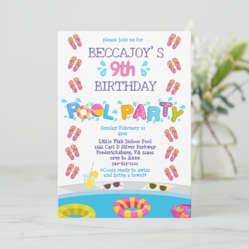 Colorful Girls Flip Flops Splash Pool Party Invitation | Zazzle