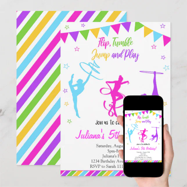 Colorful Girls Gymnastic Birthday Invitation | Zazzle