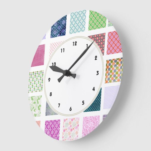 Colorful girly squares pattern wall clock | Zazzle