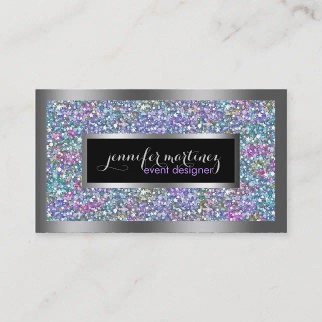 Colorful Glitter & Sparkles Silver Accents Business Card | Zazzle
