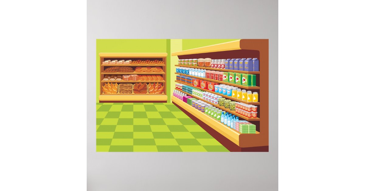 Colorful Grocery Store Aisle and Bakery Poster | Zazzle