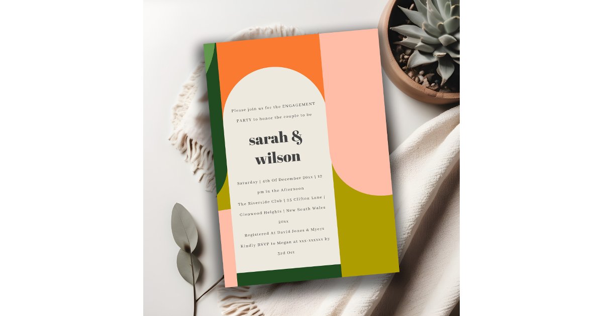 Colorful Groovy Retro Arch Abstract Engagement Invitation | Zazzle