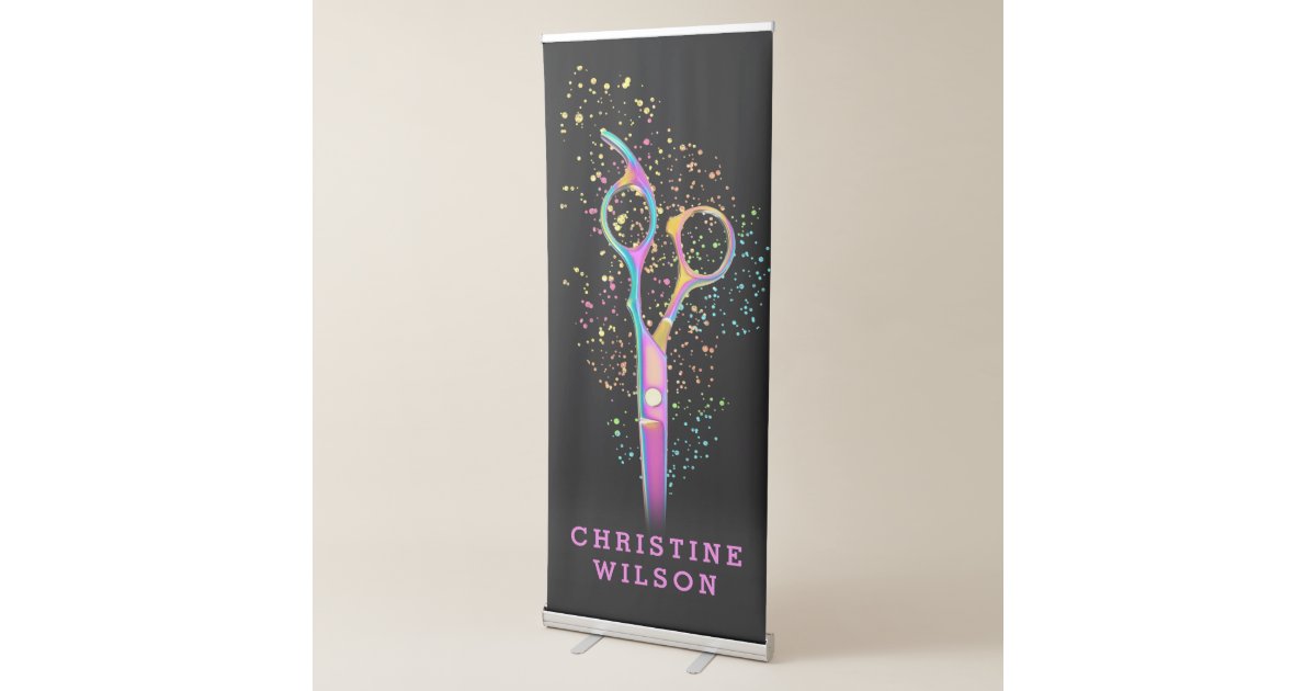 colorful hairdresser scissors on black retractable banner | Zazzle.com