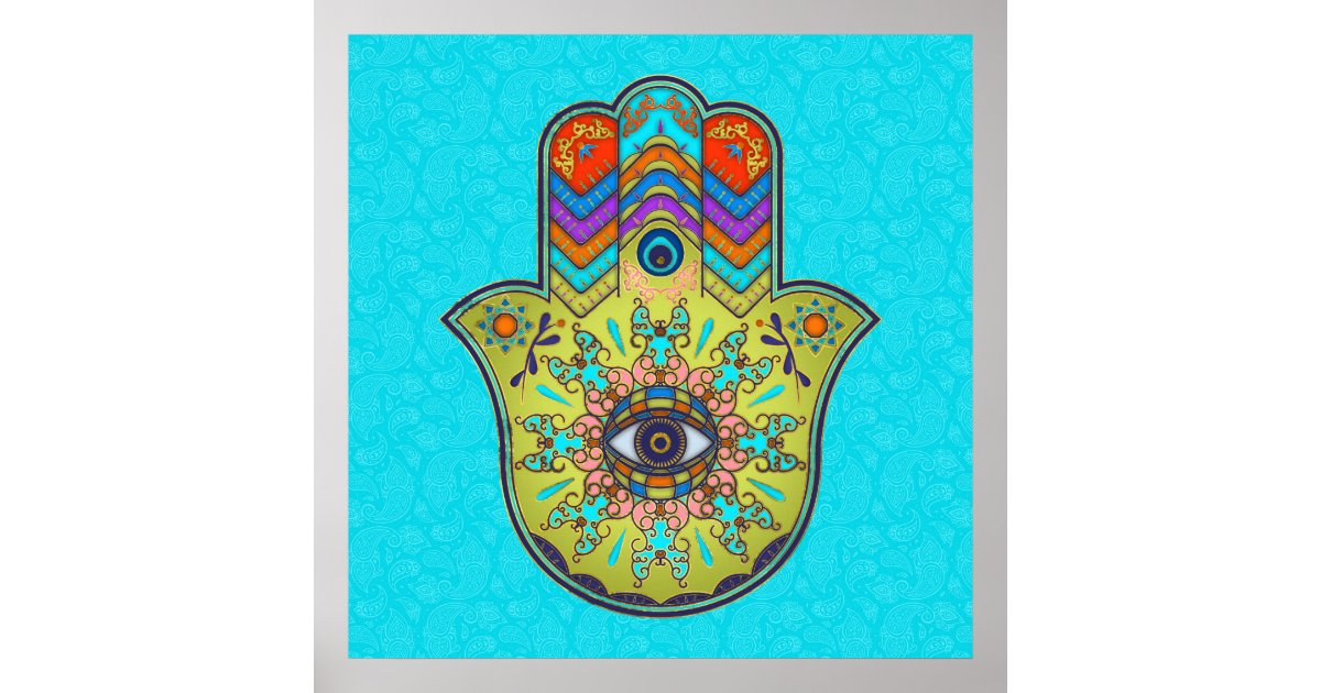 Colorful Hamsa Hand with paisley Poster | Zazzle