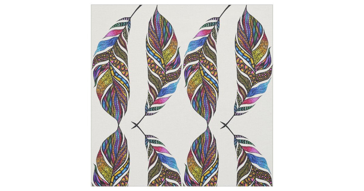Colorful Hand Drawn Pattern Feathers Fabric | Zazzle