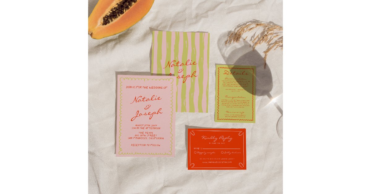 Colorful Hand Written Pinstripes Whimsical Wedding Invitation | Zazzle