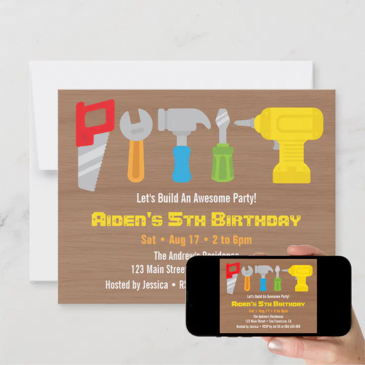 Colorful Handyman Tools Birthday Party Invitations | Zazzle