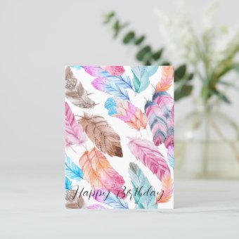 Colorful Happy Birthday Boho Feathers Postcard | Zazzle