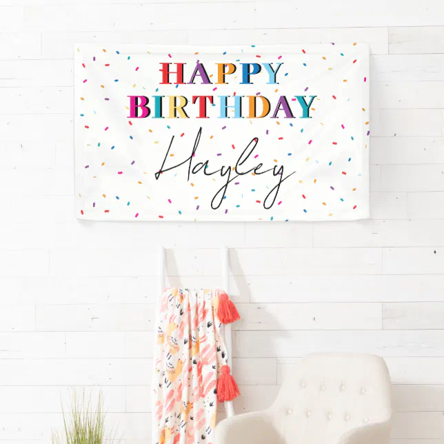 Colorful Happy Birthday Custom Name Confetti Banner | Zazzle