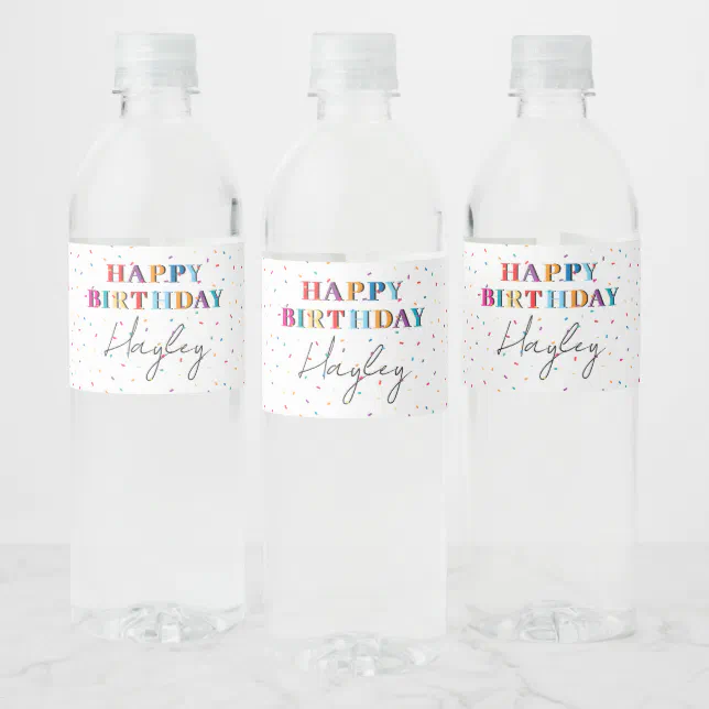 Colorful Happy Birthday Custom Name Confetti Water Bottle Label | Zazzle