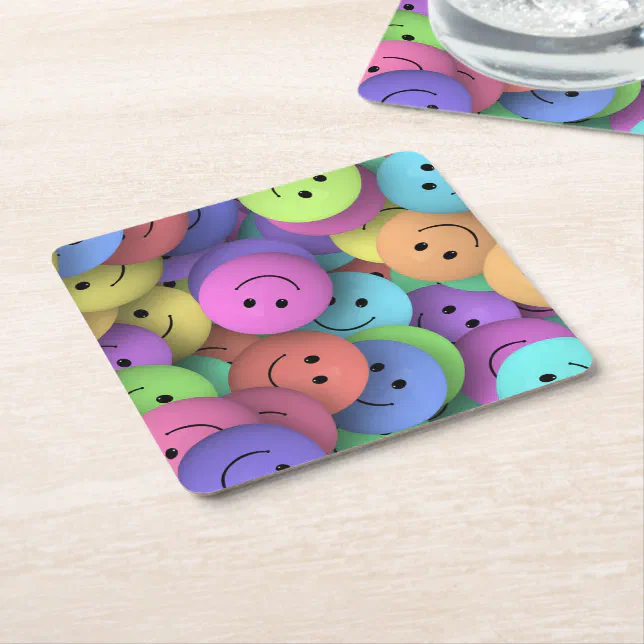 Colorful Happy Faces Emoji Art Square Paper Coaster | Zazzle
