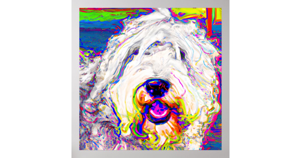 Colorful Happy Fluffy Old English Sheepdog Poster | Zazzle