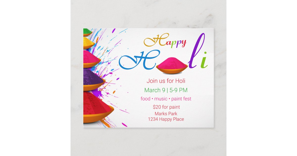 Colorful Happy Holi Powders Paint Invitation Postcard | Zazzle