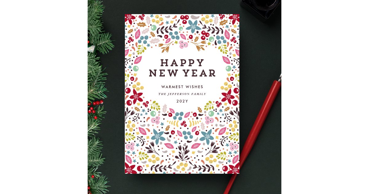 Colorful Happy New Year Floral Holiday Card | Zazzle
