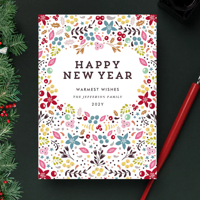 Colorful Happy New Year Floral Holiday Card | Zazzle