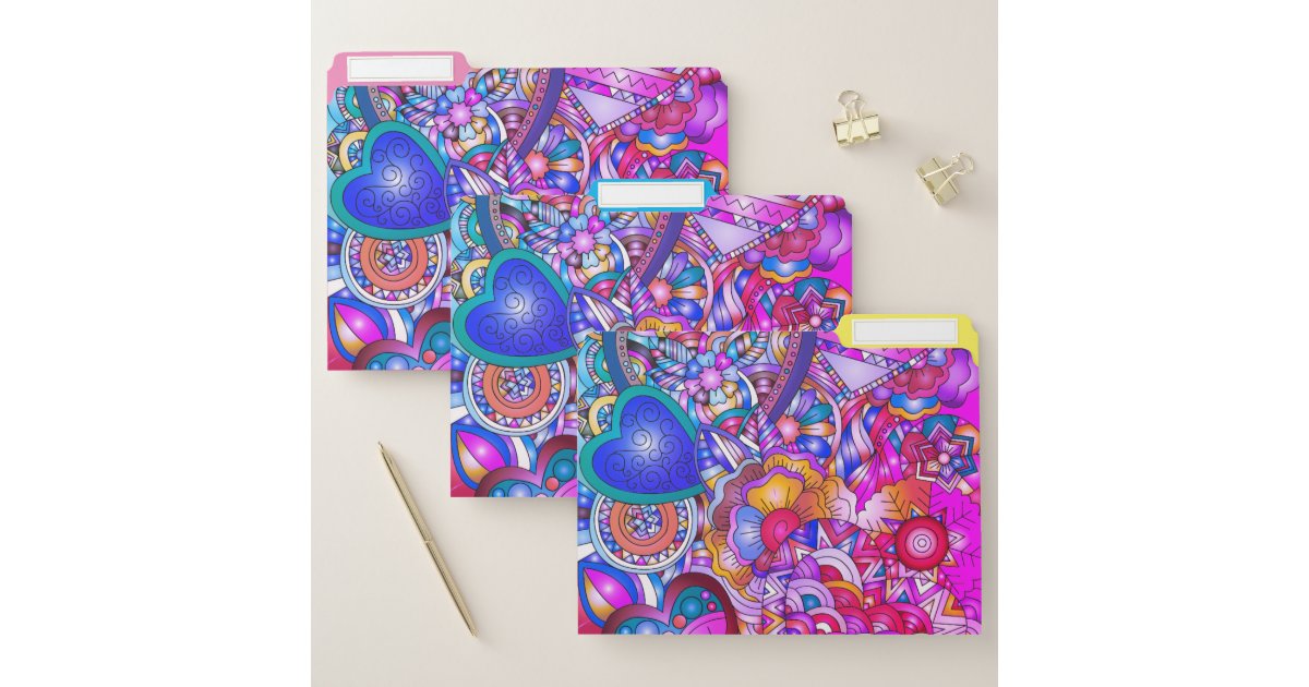 Colorful Hearts and Flowers Abstract Pattern File Folder | Zazzle