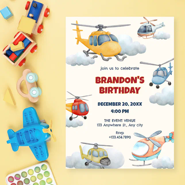 Colorful helicopter birthday Invitation | Zazzle