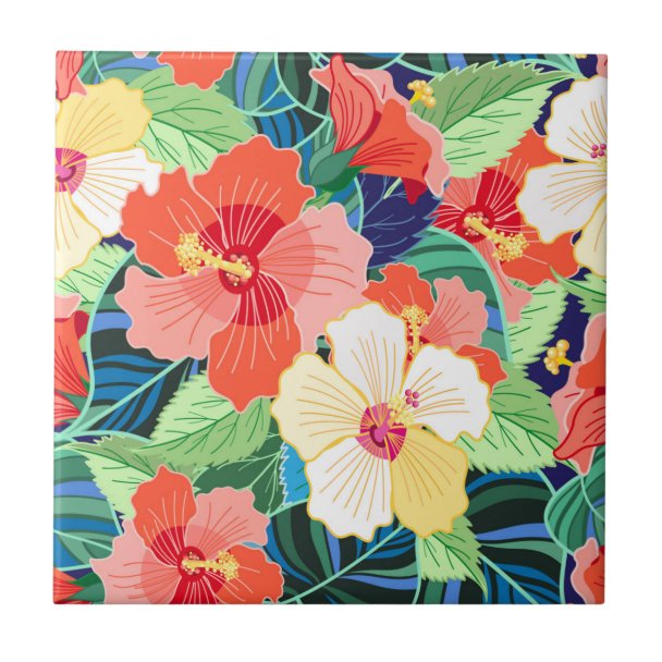Colorful Hibiscus Pattern Fabric | Zazzle