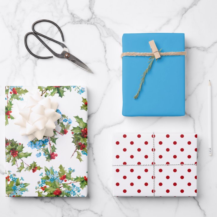 Colorful Holly, Forget-me-Nots and Polka Dots Wrapping Paper Sheets ...