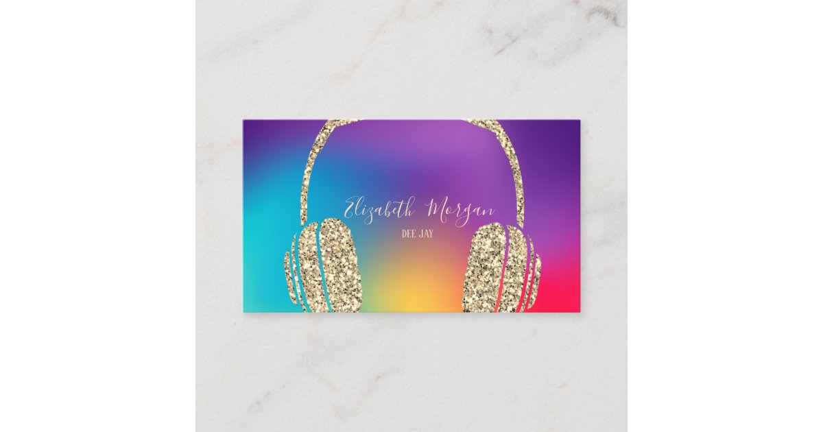 Colorful Holographic Gold Glitter Headphone DJ Business Card | Zazzle