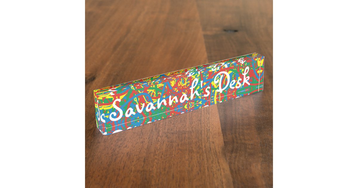 Colorful hot mess red blue yellow green white desk name plate | Zazzle